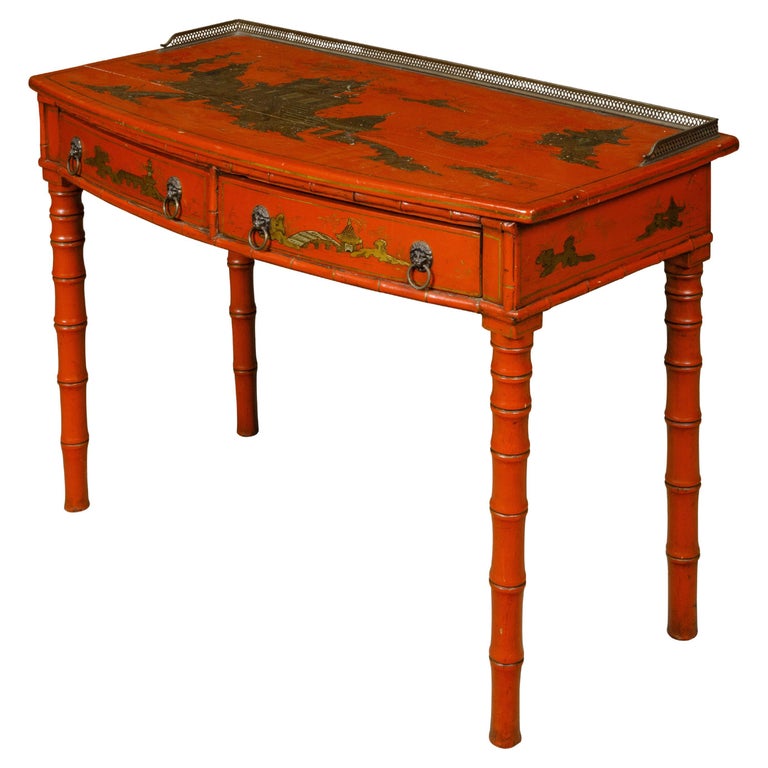English Red Lacquer Faux Bamboo 19th Century Desk with Gilded Chinoiserie Decor English Accent Antiques